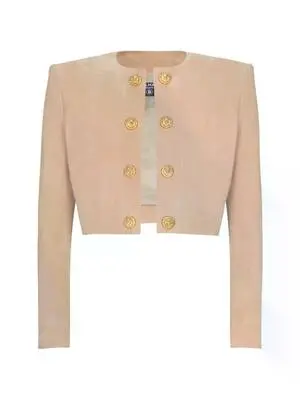 Balmain Cropped Leather Jacket With Gold-tone Hardware - Neutrals