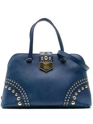 Prada Studded Saffiano Leather Satchel - Blue