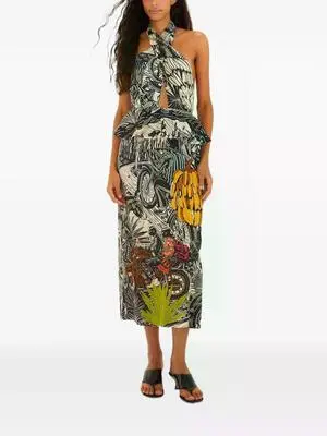 Farm Rio Graphic Print Halter Neck Peplum Dress - Black