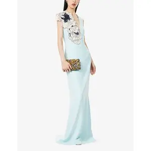 Costarellos Sequined Floral Embellished Satin Gown - Blue Waters