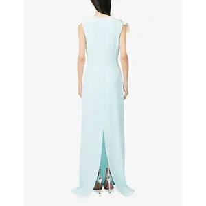 Costarellos Sequined Floral Embellished Satin Gown - Blue Waters