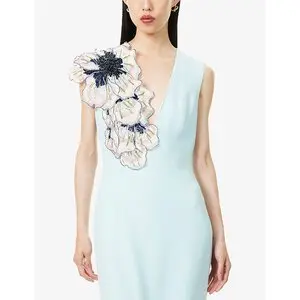 Costarellos Sequined Floral Embellished Satin Gown - Blue Waters