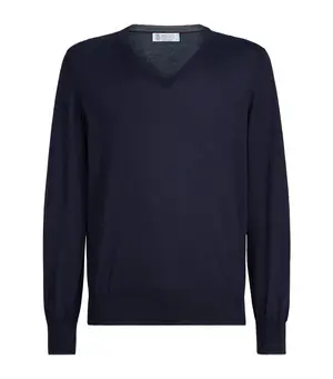 Brunello Cucinelli Cashmere Silk V-neck Sweater - Blue