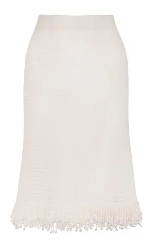 Paris Georgia Fringed Knit Cotton Midi Skirt - White