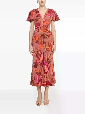 NISSA Floral Print V-neck Midi Dress - Pink