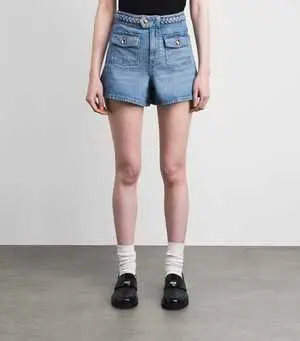 Maje Braided Flared Denim Shorts With Embellishments