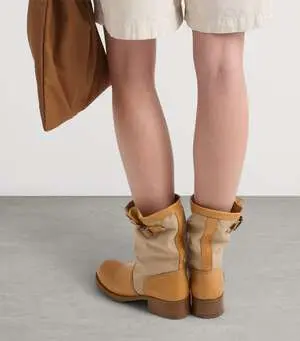 Prada Mid-calf Buckled Leather And Canvas Boots