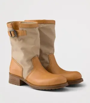 Prada Mid-calf Buckled Leather And Canvas Boots