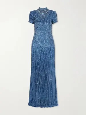 Jenny Packham Amber Cape-effect Embellished Crepe Gown