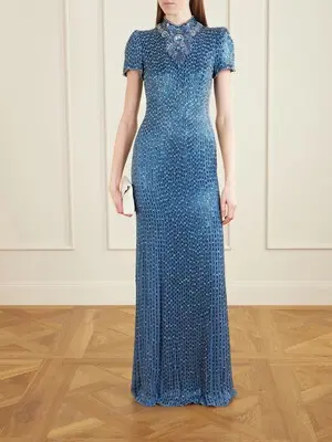 Jenny Packham Amber Cape-effect Embellished Crepe Gown
