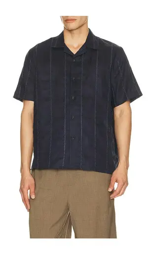 Vince Linen Eyelet Stripe Short Sleeve Cabana Shirt - Blue