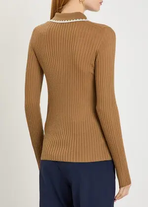 Moncler Ribbed Wool Polo Top - Brown