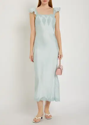LoveShackFancy Karmine Lace-trim Satin Midi Dress - Light Blue 2