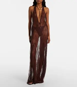 ADRIANA DEGREAS Sheer Open-back Lace Maxi Dress