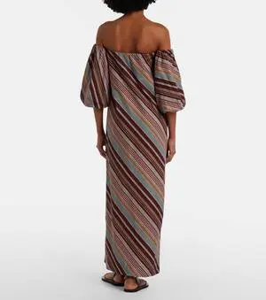 ADRIANA DEGREAS Striped Off-shoulder Cotton-blend Maxi Dress