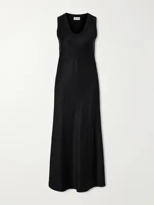 AMI Paris Ribbed-knit Trimmed Satin Maxi Dress - Black