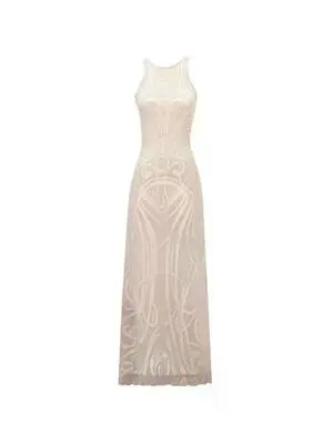 GEMY MAALOUF Gemy Maalouf Beige Patterned Lace Midi Dress Neutrals
