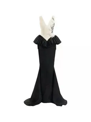 GEMY MAALOUF Plunging V-neck Embroidered Maxi Dress - Black