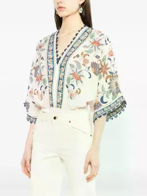 Farm Rio Floral Print V-neck Blouse With Lace Trim And Open Back