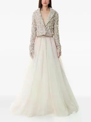 DINA MELWANI Embroidered Tulle Maxi Dress - Neutrals