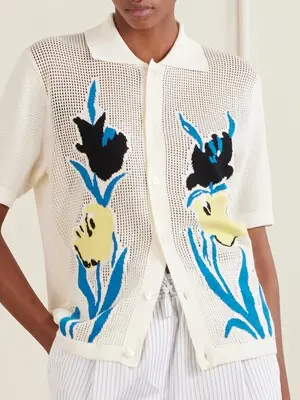 Marni Embroidered Open-knit Cotton Polo Shirt