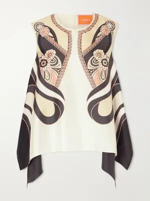 La DoubleJ San Carlo Asymmetric Printed Silk-twill Blouse - Neutrals