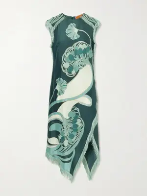 La DoubleJ Fringed Printed Silk-satin Midi Dress