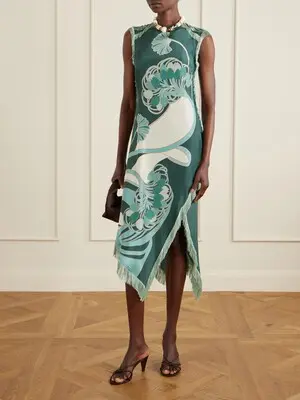 La DoubleJ Fringed Printed Silk-satin Midi Dress