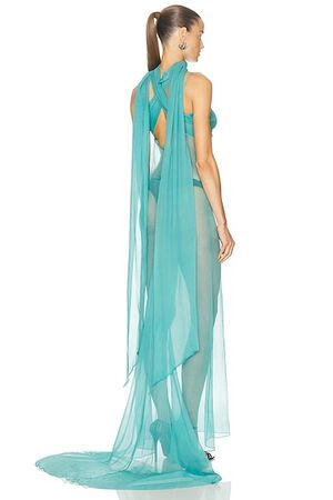 LAQUAN SMITH Silk Chiffon Neck Tie Gown - Turquoise
