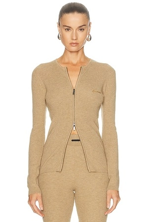 Fear Of God Signature Rib Knit Fitted Long Sleeve Zip Up Tee - Dune