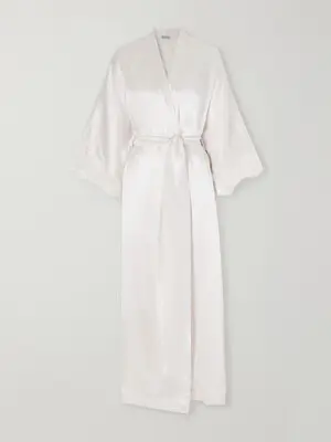 Carine Gilson Belted Lace-trimmed Silk-satin Robe - Neutrals