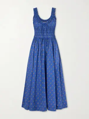 DÔEN Emmaretta Shirred Floral-print Cotton Midi Dress - Blue