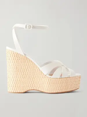 AQUAZZURA Copacabana 130 Leather And Raffia Wedge Sandals - White