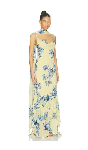 Rococo Sand Floral Print Maxi Dress With Sash - Lemon,blue