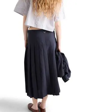 Prada Pleated Silk Midi Skirt With Drawstring Detail - Navy