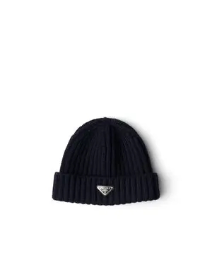 Prada Ribbed Wool Beanie - Navy