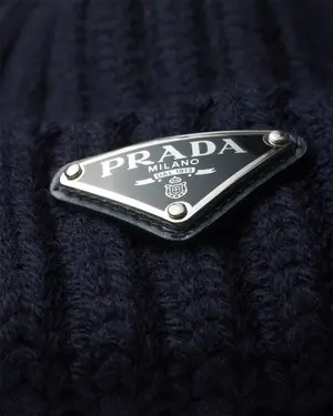 Prada Ribbed Wool Beanie - Navy