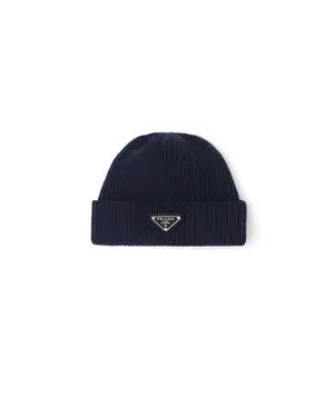 Prada Wool And Cashmere Beanie With Enamelled Triangle Logo - Blue