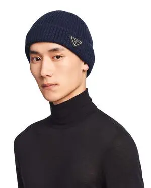 Prada Wool And Cashmere Beanie With Enamelled Triangle Logo - Blue
