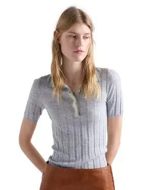 Prada Ribbed Knit Polo Shirt With Knit Triangle Logo