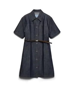 Prada Belted Denim Shirt Dress - Navy
