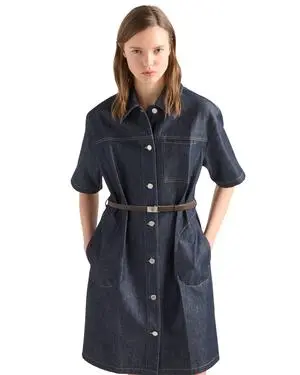 Prada Belted Denim Shirt Dress - Navy