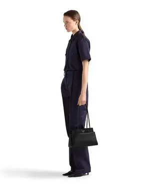 Prada Medium Leather Bag With Re-nylon Flap - Black