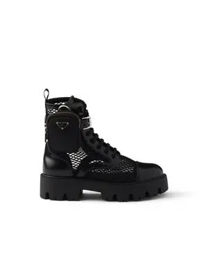 Prada Mesh And Brushed Leather Lace-up Booties With Removable Pouch