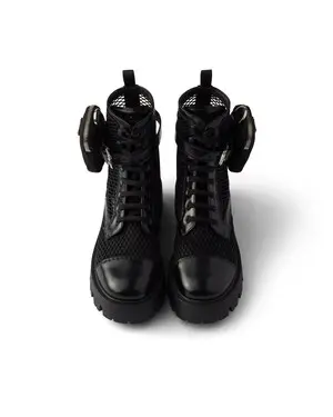 Prada Mesh And Brushed Leather Lace-up Booties With Removable Pouch