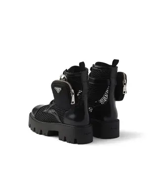 Prada Mesh And Brushed Leather Lace-up Booties With Removable Pouch