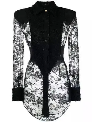 Balmain Cotton-silk Blend Lace And Tweed Shirt - Black
