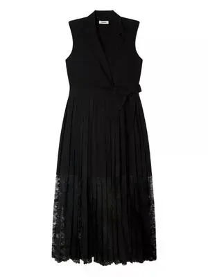 Sandro Pleated Lace Wrap Midi Dress - Black