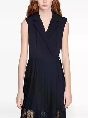 Sandro Pleated Lace Wrap Midi Dress