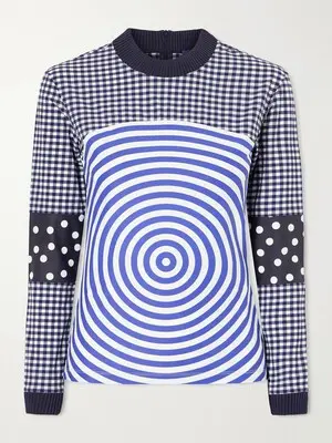 JEAN PAUL GAULTIER Ribbed-knit Trimmed Printed Poplin Jersey Top - Blue